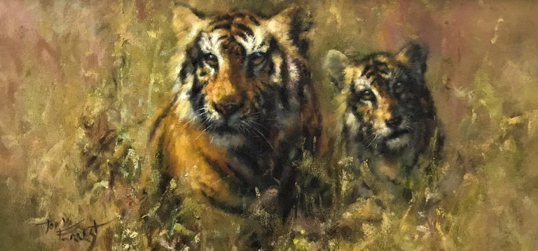 Tony Forrest - Tiger and Cub in grasses, oil on canvas, 20th C realist ...