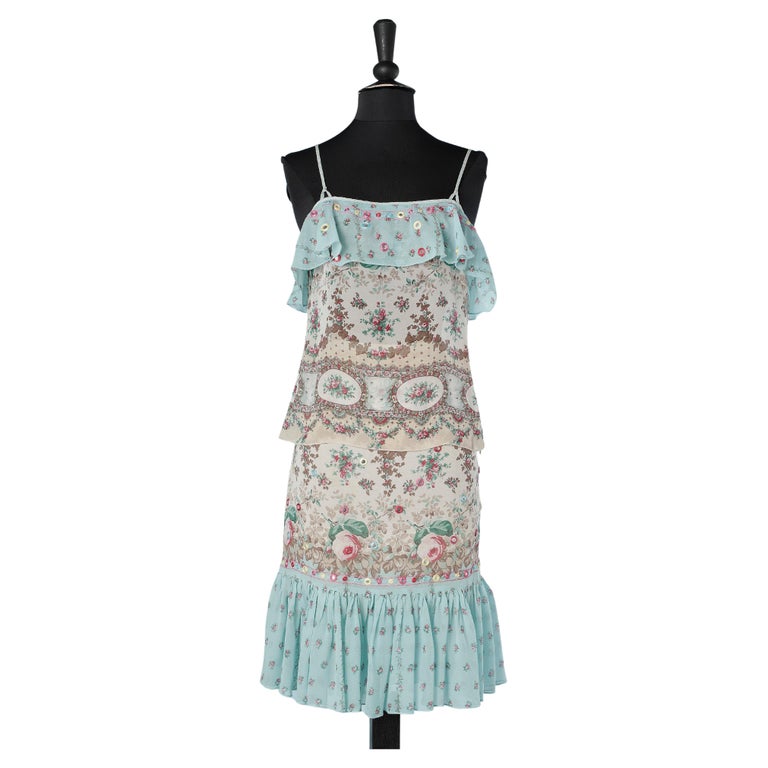 Top and skirt ensemble in printed chiffon with ruffles and embroidery ...