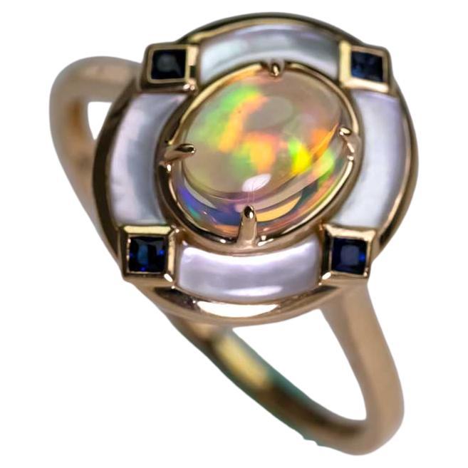Top Fire Opal Art Deco Style Sapphire Engagement Ring 18K Yellow Gold ...