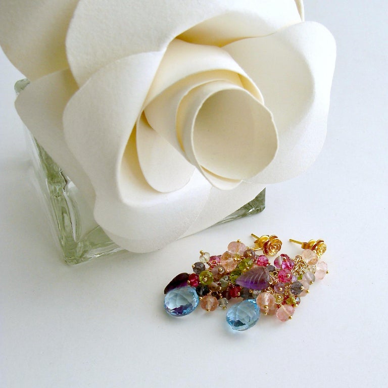 Topaz, Amethyst, Lemon/Cherry Quartz, Peridot, Iolite Cluster Earrings ...