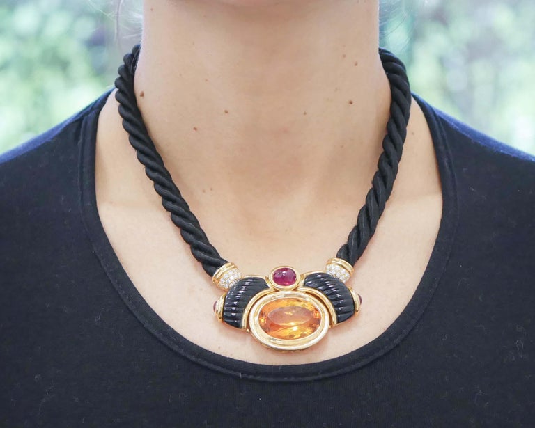 Topaz, Ruby, Diamonds, Onyx, 18 Karat Yellow Gold Necklace For Sale at ...