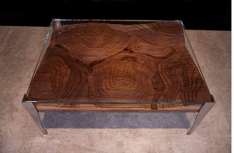 Modern Black Walnut Topo Low Table with Glass Top and Steel Legs For ...