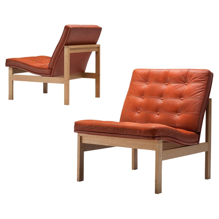 Torben Lind and Ole Gjerløv-Knudsen Easy Chairs in Oak and Red Leather ...