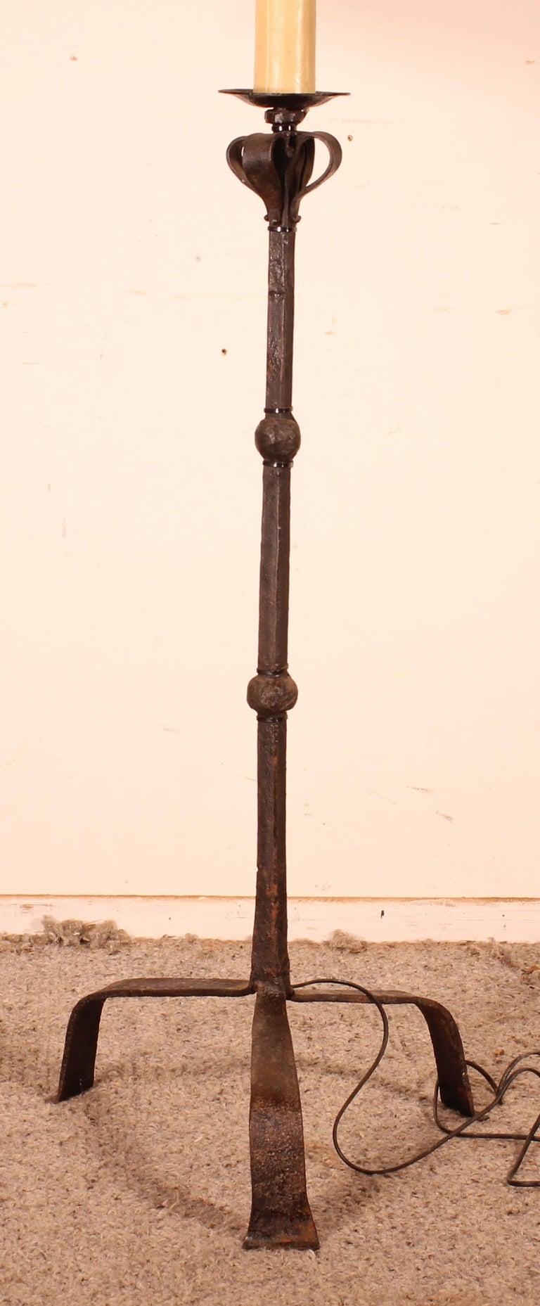 Torchiere or Floor Lamp in Wrought Iron with a Lampshade in Goatskin ...