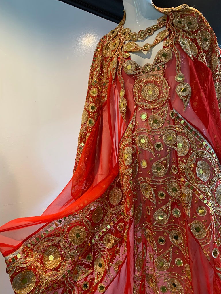 Torso Creations Red Silk Chiffon Caftan Heavily Embroidered W/ Gold and ...