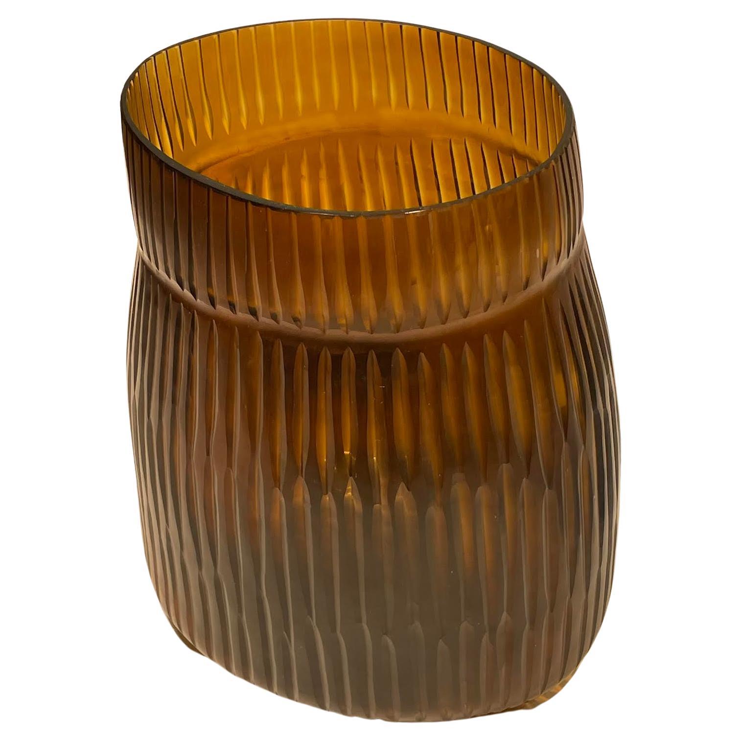 Deep Blue Tall Vertical Rib Cut Glass Vase, Romania, Contemporary For ...