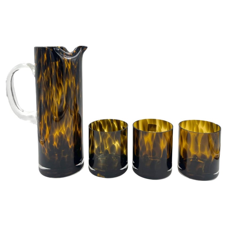 Tortoise Shell Glass Pitcher and 3 Glasses at 1stDibs