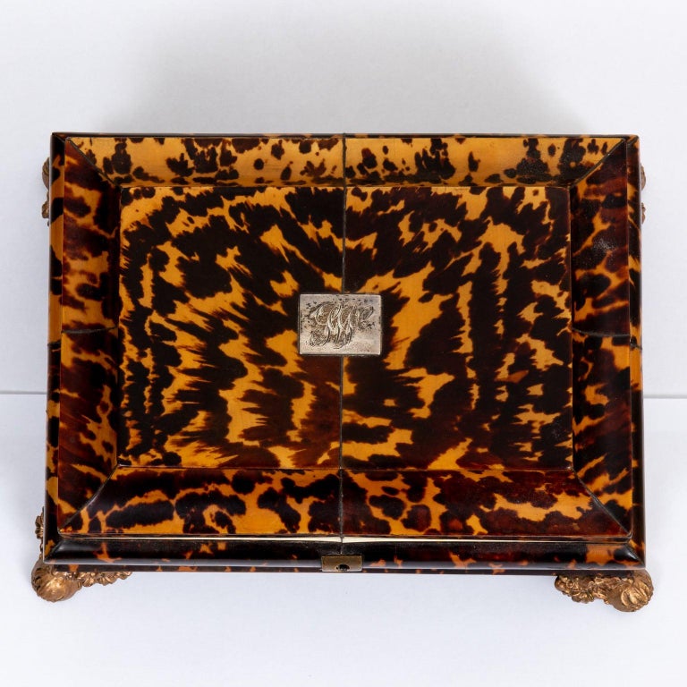 Tortoise Silk Lined 19th Century English Sewing Box with Brass Feet For ...