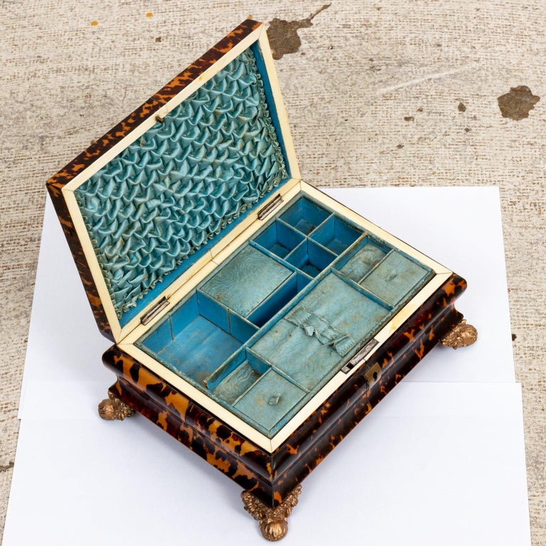 Tortoise Silk Lined 19th Century English Sewing Box with Brass Feet For ...