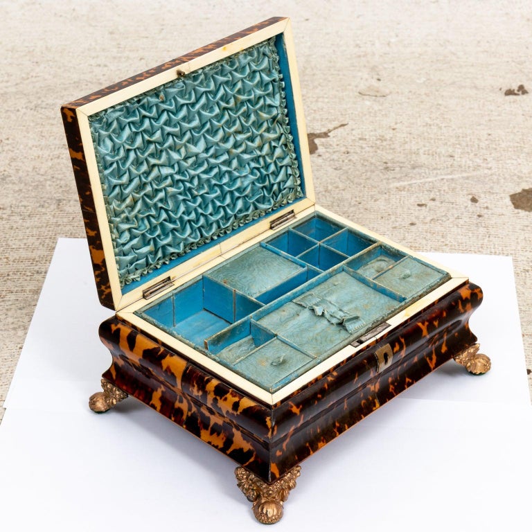 Tortoise Silk Lined 19th Century English Sewing Box with Brass Feet For ...