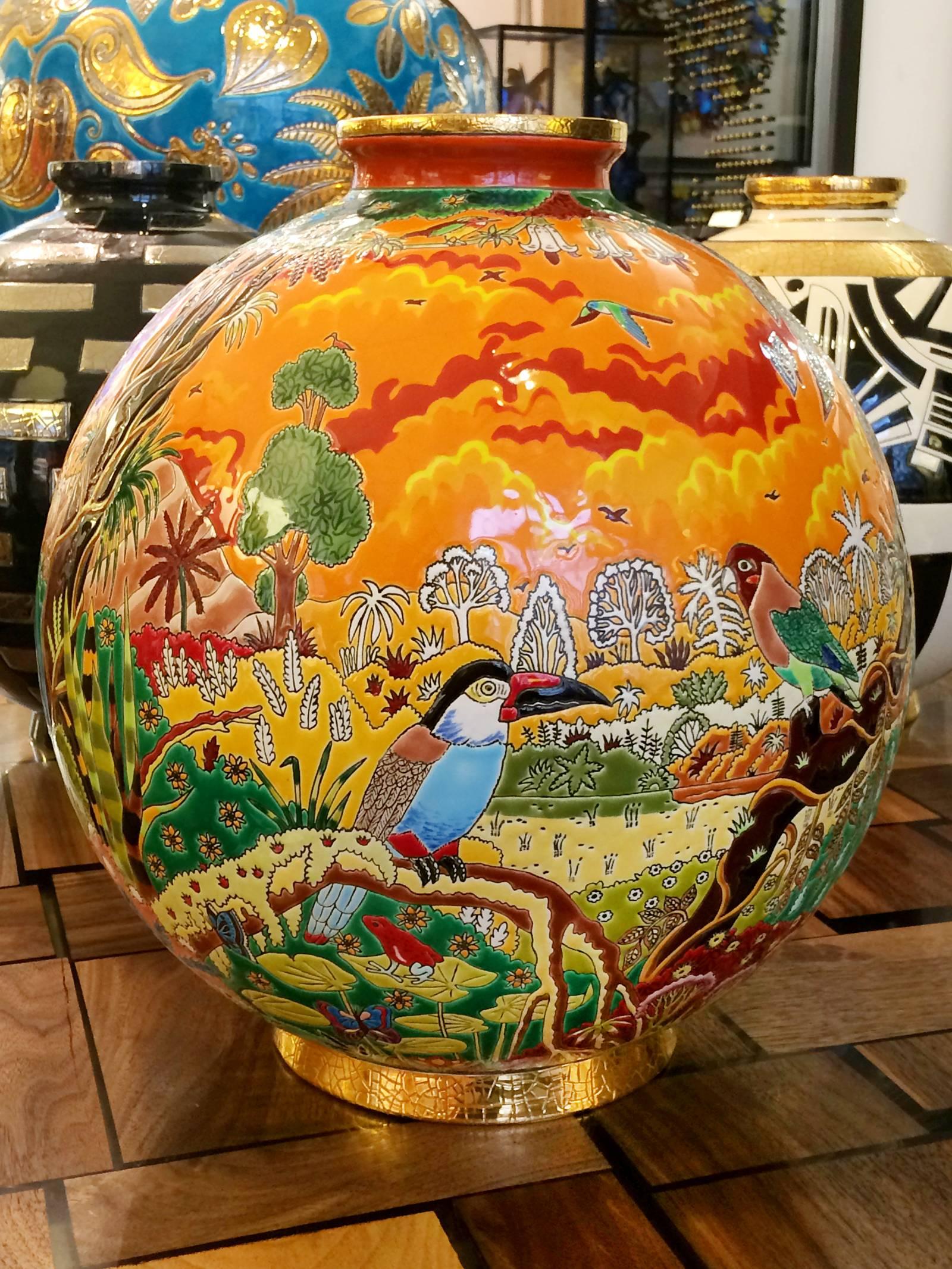 Toucan Vase Emaux de Longwy Limited Edition For Sale at 1stDibs