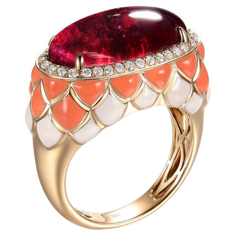 Tourmaline Diamond Enamel Cocktail Ring in 14 Karat Yellow Gold For ...