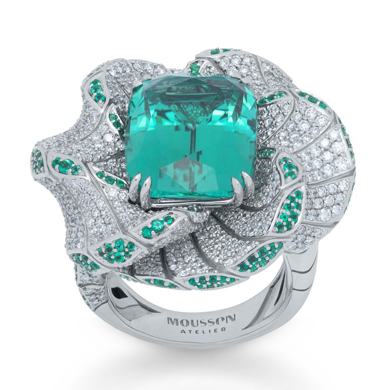 Tourmaline Diamonds Emeralds 18 Karat White Gold DNA Ring For Sale at ...