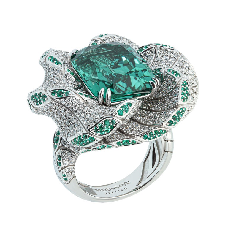 Tourmaline Diamonds Emeralds 18 Karat White Gold DNA Ring For Sale at ...