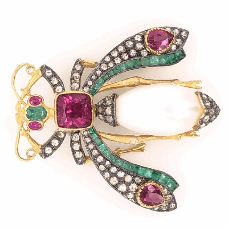 Tourmaline Emerald and Diamond Gold Beetle Scarab Brooch Pin Fine ...