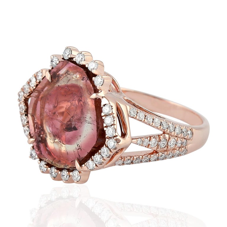 Watermelon Tourmaline Stone Cocktail Ring with Pave Diamond Made in 18k ...