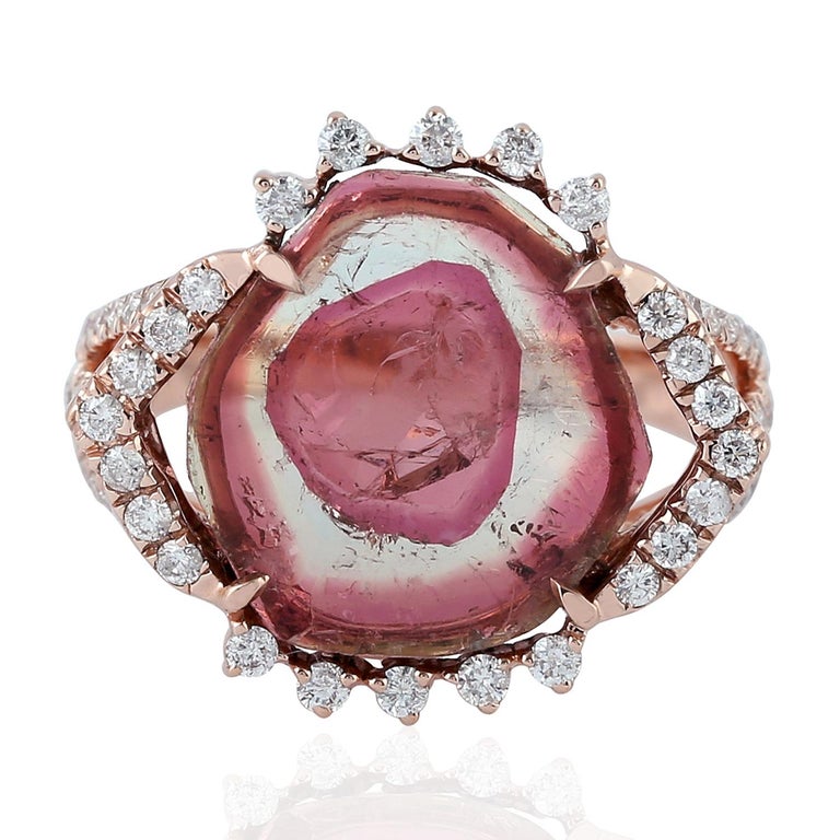 Watermelon Tourmaline Stone Cocktail Ring with Pave Diamond Made in 18k ...