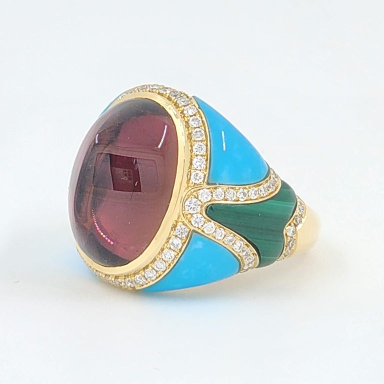Tourmaline Turquoise Malachite Diamond Cocktail Ring in 18 Karat Yellow ...