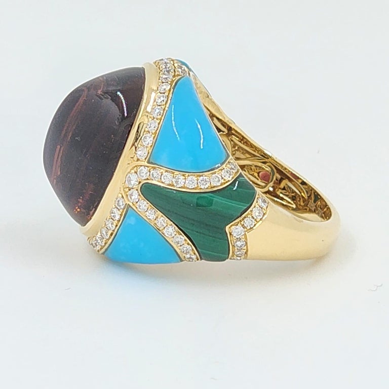 Tourmaline Turquoise Malachite Diamond Cocktail Ring in 18 Karat Yellow ...