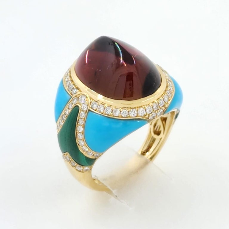 Tourmaline Turquoise Malachite Diamond Cocktail Ring in 18 Karat Yellow ...