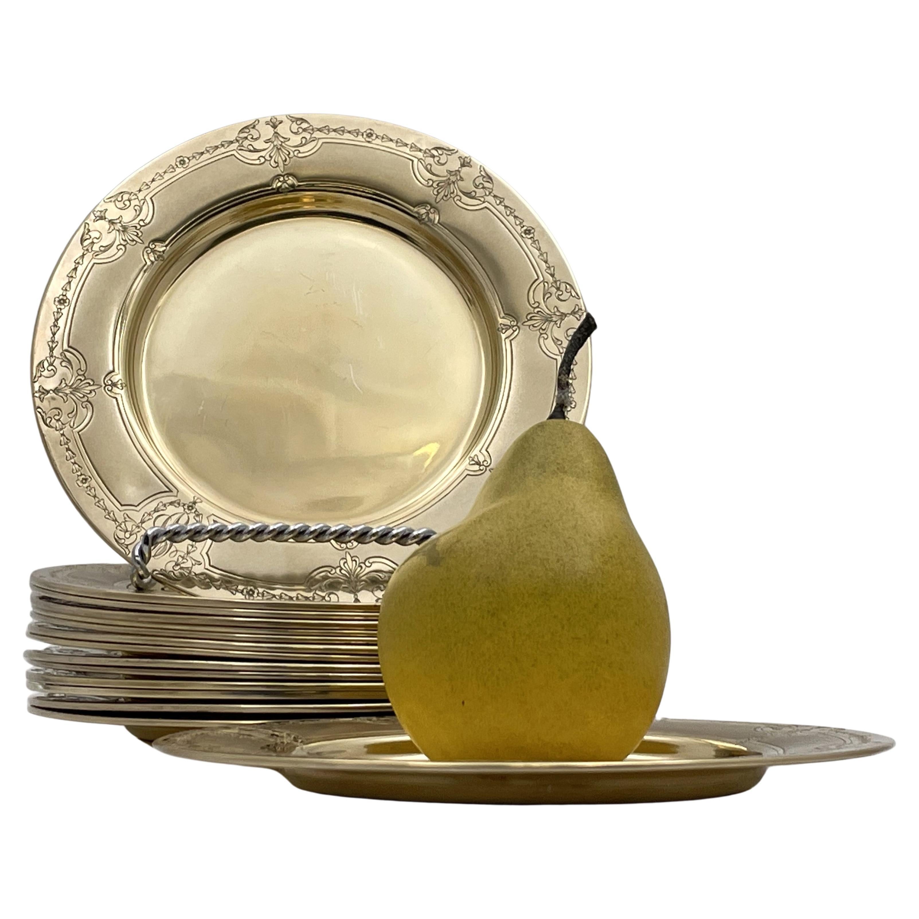 Towle Set of 15 Gilt Sterling Silver Dessert / Bread Plates Early 20th ...