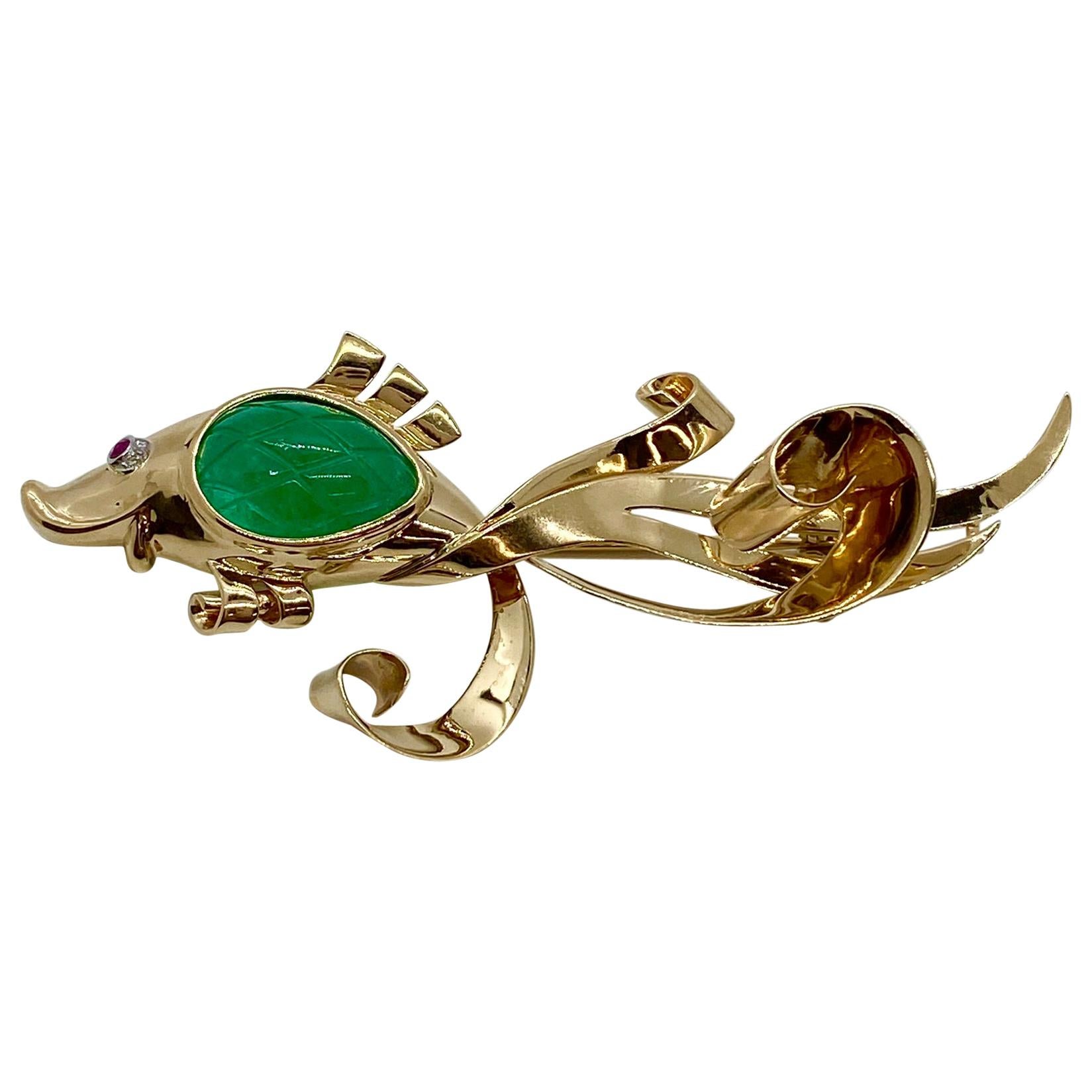 Trabert and Hoeffer Mauboussin 14 Karat Gold Emerald Reflection Fish ...