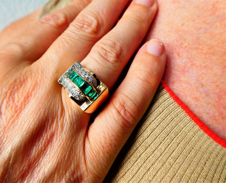 Trabert and Hoeffer Mauboussin 1940s Emerald Diamond Domed Rose Gold ...