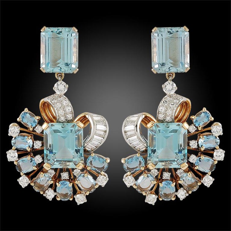 Trabert and Hoeffer Mauboussin Diamond Aquamarine Brooch Earrings For ...