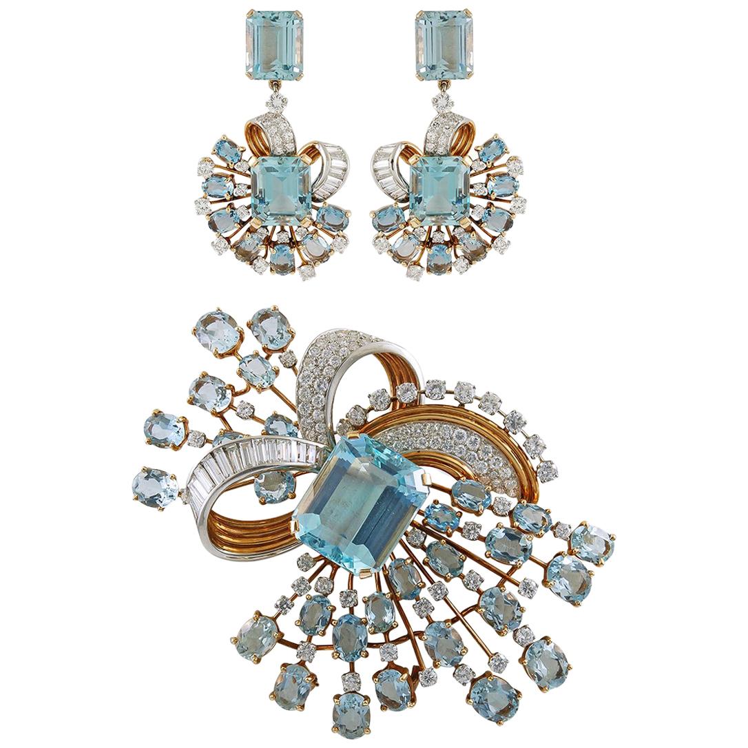 Trabert and Hoeffer Mauboussin Diamond Aquamarine Brooch Earrings For ...