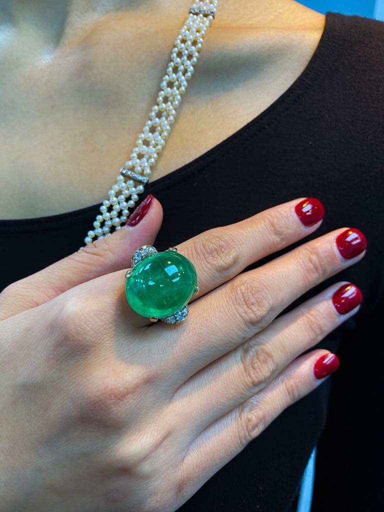 Trabert and Hoeffer, Mauboussin Gold, Cabochon Emerald and Diamond Ring ...