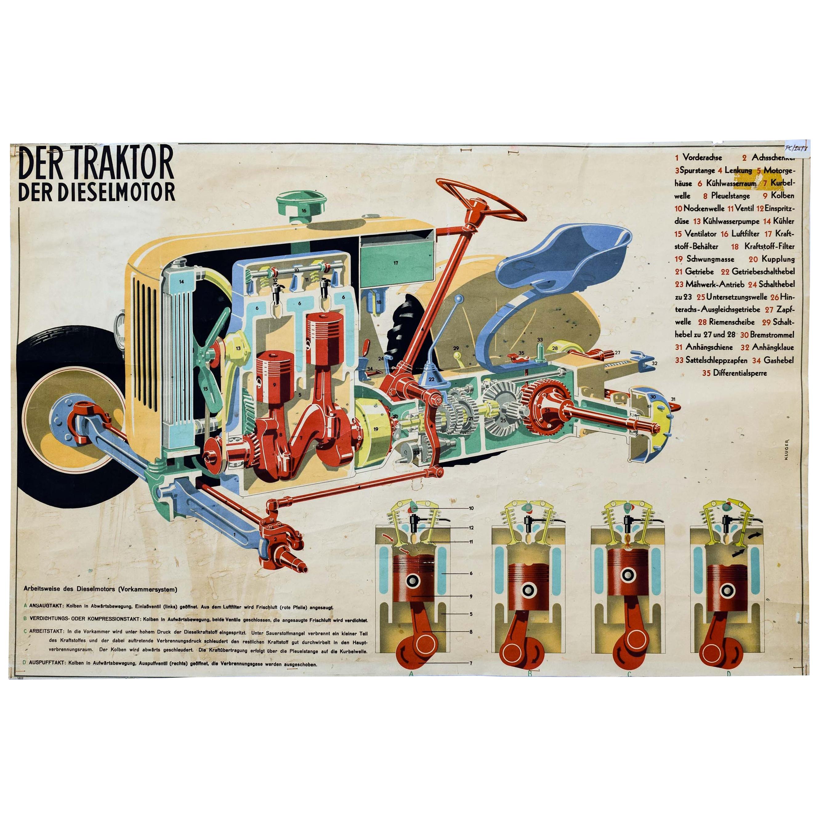 Tractor and Diesel Engine, Vintage Wall Chart For Sale at 1stDibs