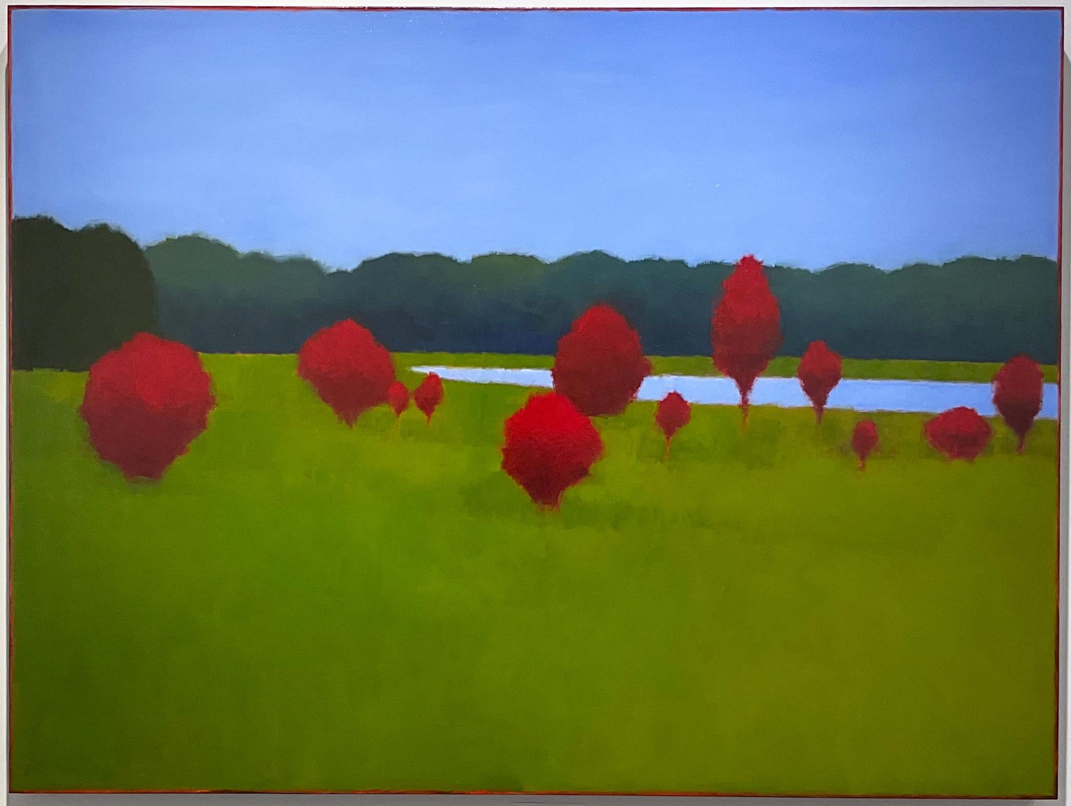 Tracy Helgeson - Life Around the Pond (Abstracted Landscape Painting w/ Red Trees and Blue Sky ...