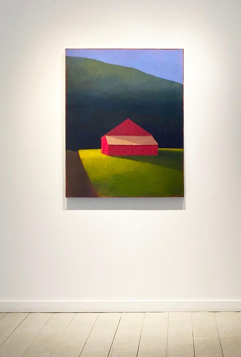 Tracy Helgeson - Light Drama (Minimal Landscape Painting of Red Barn in the Country Mountainside ...