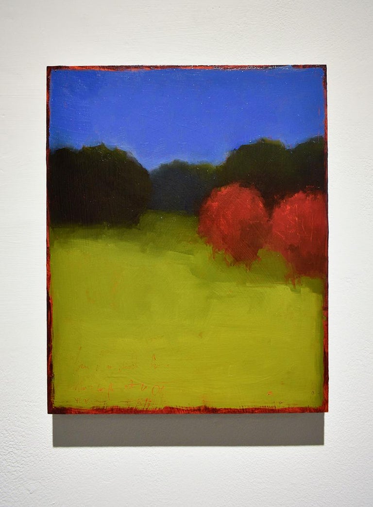 Tracy Helgeson - Moody Day: Abstract Landscape Painting of a Green Field, Red Trees and Blue Sky ...