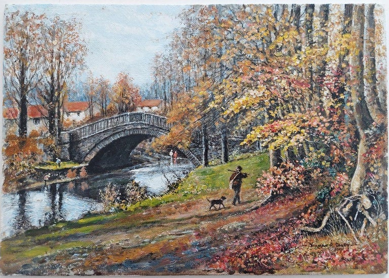 Traditional English Painting Huntsman and Dog by a Yorkshire Bridge For ...