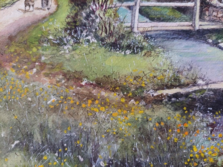 Traditional English Painting of a Village Scene with Figures, Dog and ...