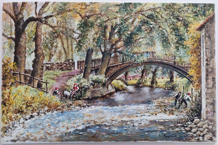 Traditional English Painting River Workers, Beckford Bridge Bingley ...