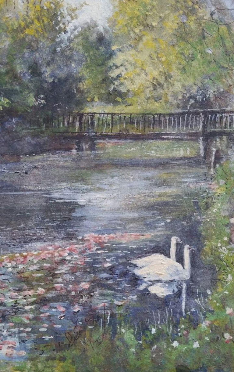 Traditional English Painting Swans on River Molember East Molesey ...