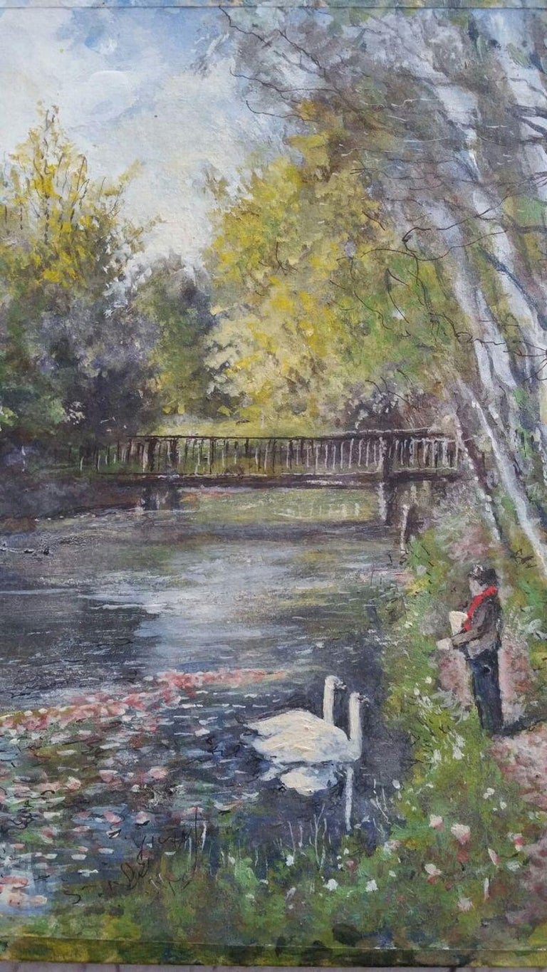Traditional English Painting Swans on River Molember East Molesey ...