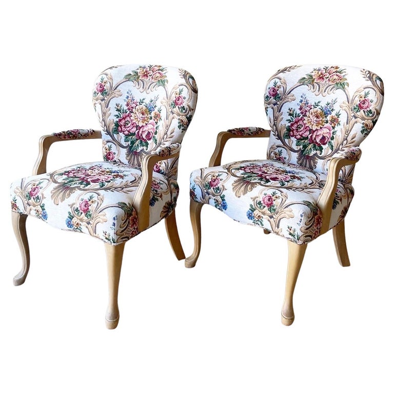 Traditional Floral Upholstry Wooden Arm Chairs, a Pair For Sale at 1stDibs