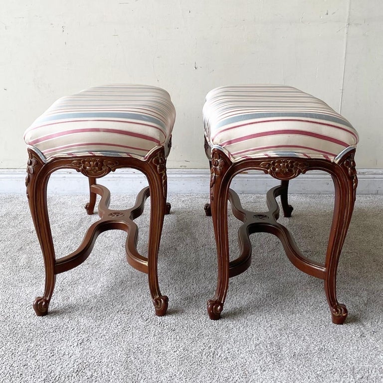 Traditional French Wooden Benches With Upholstered Seat Cushions, a ...
