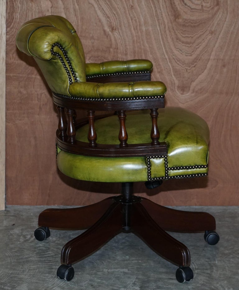Traditional Green Leather and Beech Wood Framed Chesterfield Captains ...