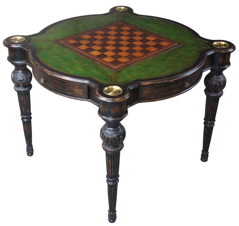 Traditional Green Tooled Leather Top Game Table Cards Chess Poker at ...
