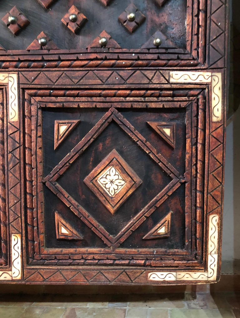 Traditional Hand Carved Moroccan Wood Door, Inlaid Bone, Berber Cross ...