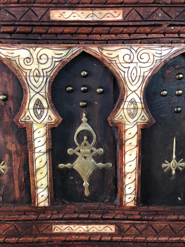 Traditional Hand Carved Moroccan Wood Door, Inlaid Bone, Berber Cross ...