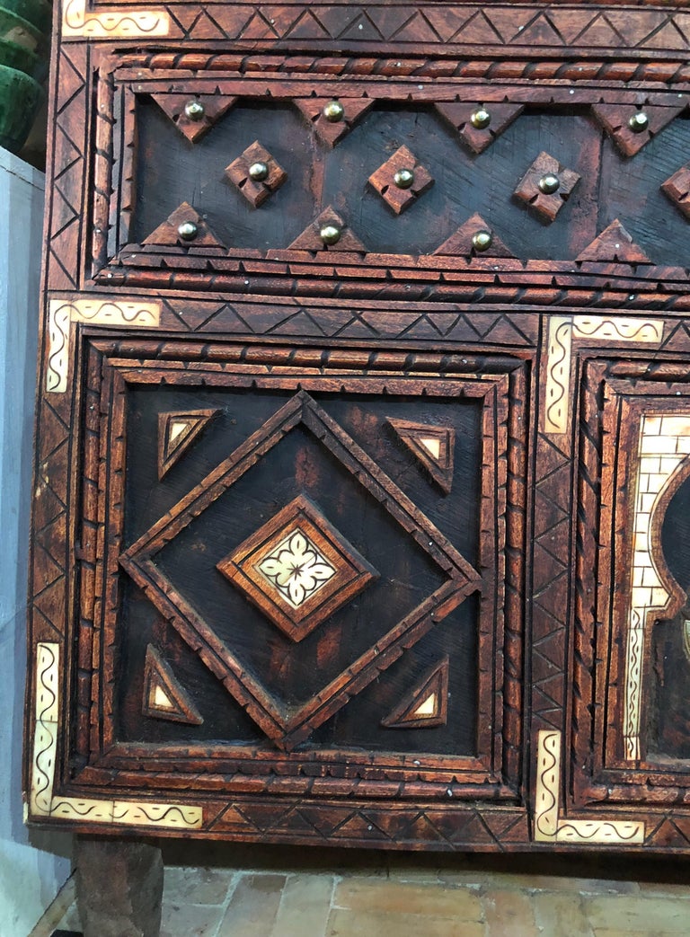 Traditional Hand Carved Moroccan Wood Door, Inlaid Bone, Berber Cross ...