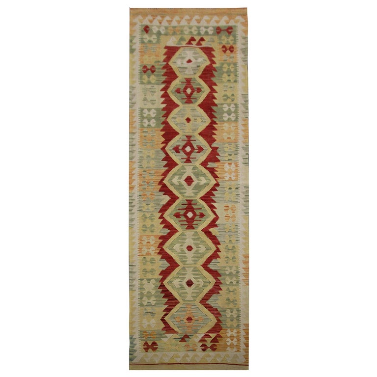 Traditional Kilims Handwoven Kilim Rug Runner, Long Green Carpet Wool ...