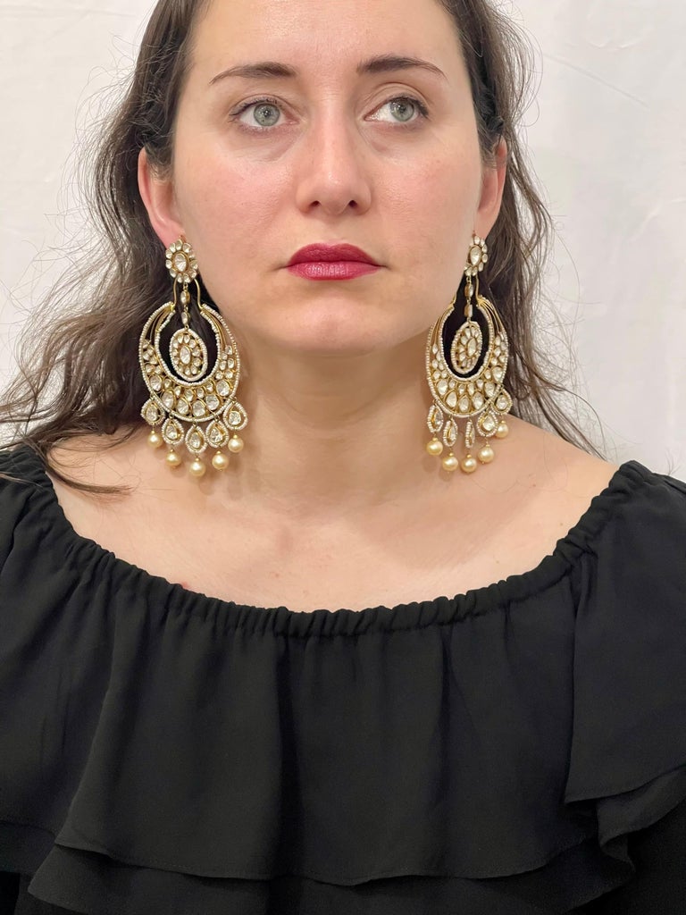 Traditional Kundan Polki Rose Cut Diamond 18 Kt Gold Chand Bali ...