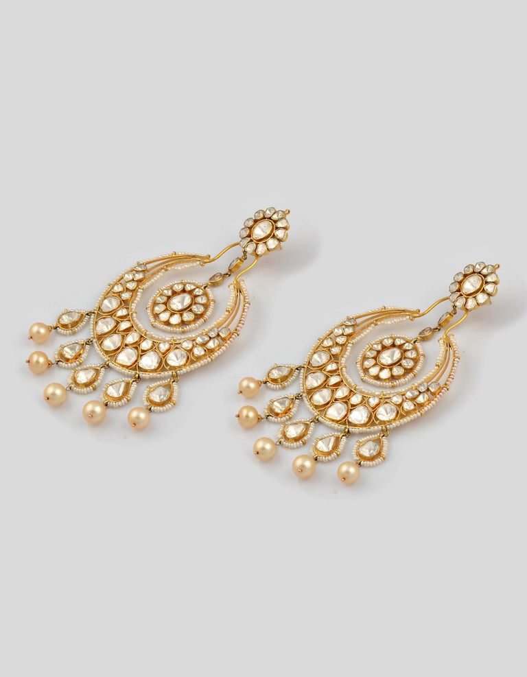 Traditional Kundan Polki Rose Cut Diamond 18 Kt Gold Chand Bali ...