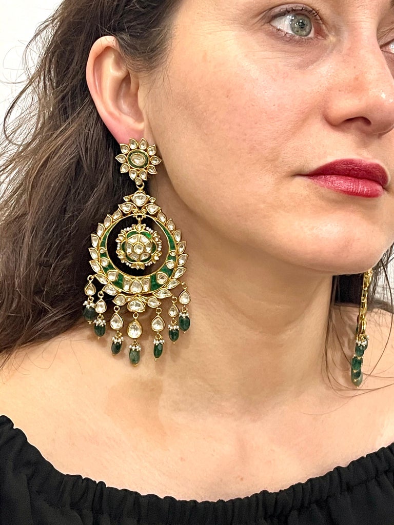 Traditional Kundan Polki Rose Cut Diamond 18 Kt Gold Chand Bali Enamel ...